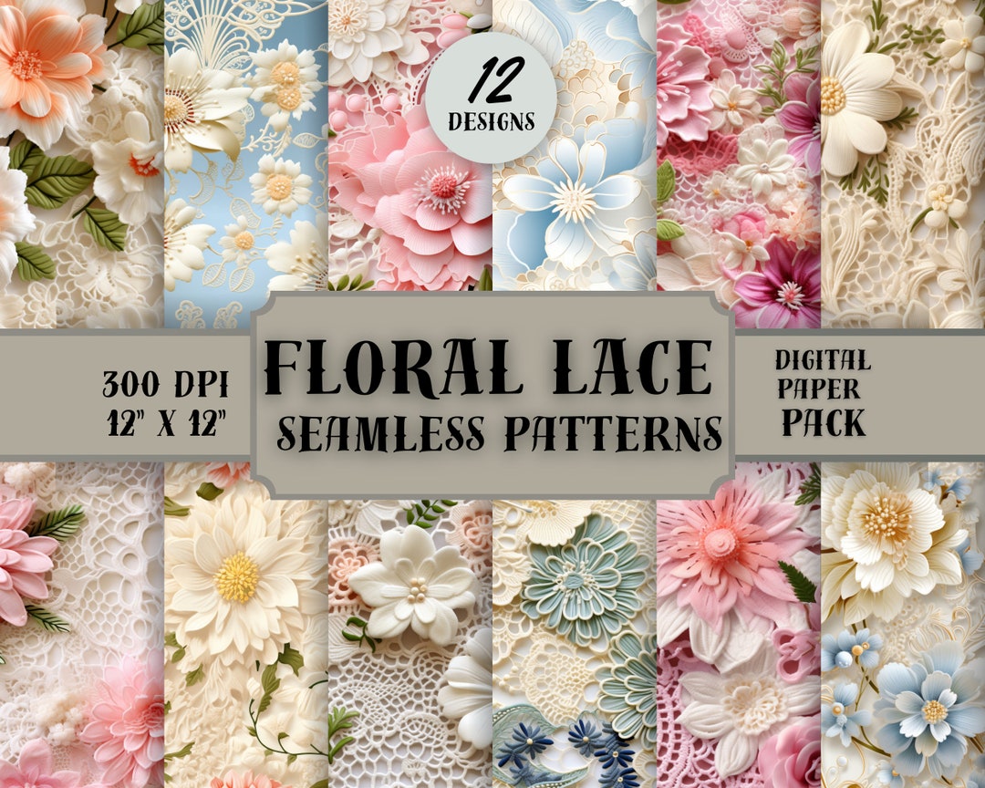 Floral Lace Seamless Patterns, Digital Flowers & Lace, POD Friendly ...