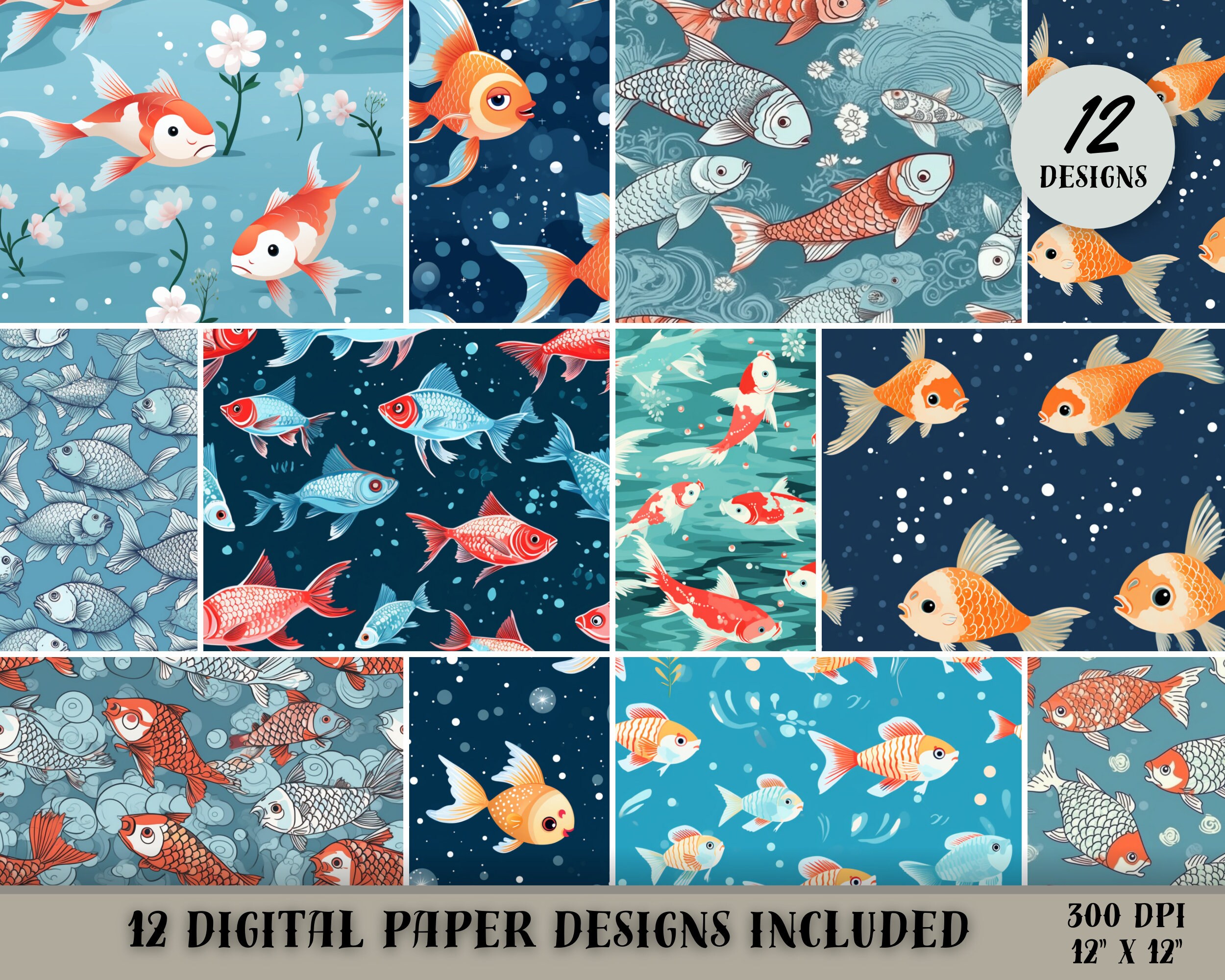 Watercolor Koi & Goldfish Patterns Colorful Fish for - Etsy