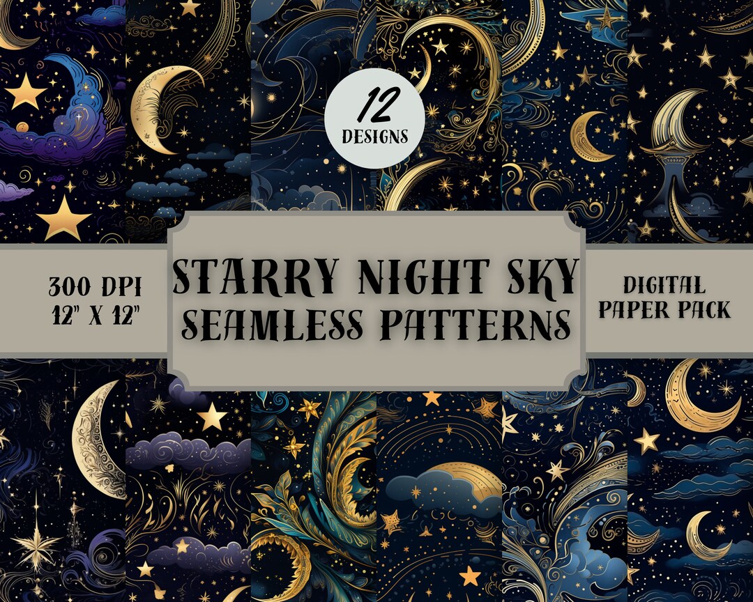 Starry Night Sky Digital Paper, Galaxy Digital Paper With Moon ...