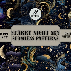Starry Night Sky Digital Paper, Galaxy Digital Paper With Moon ...