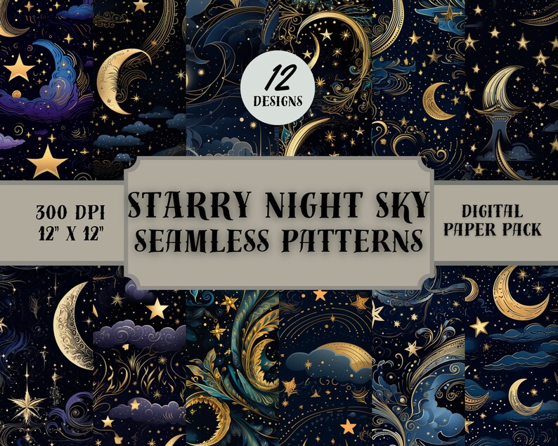Starry Night Sky Digital Paper, Galaxy Digital Paper With Moon ...