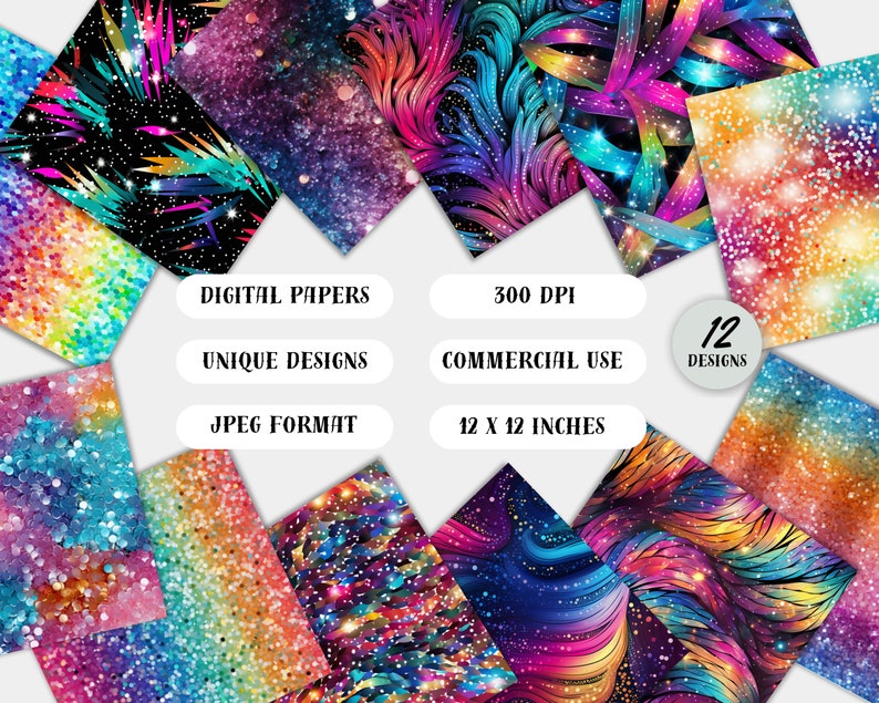Rainbow Glitter Digital Papers Printable Glitter Bright - Etsy