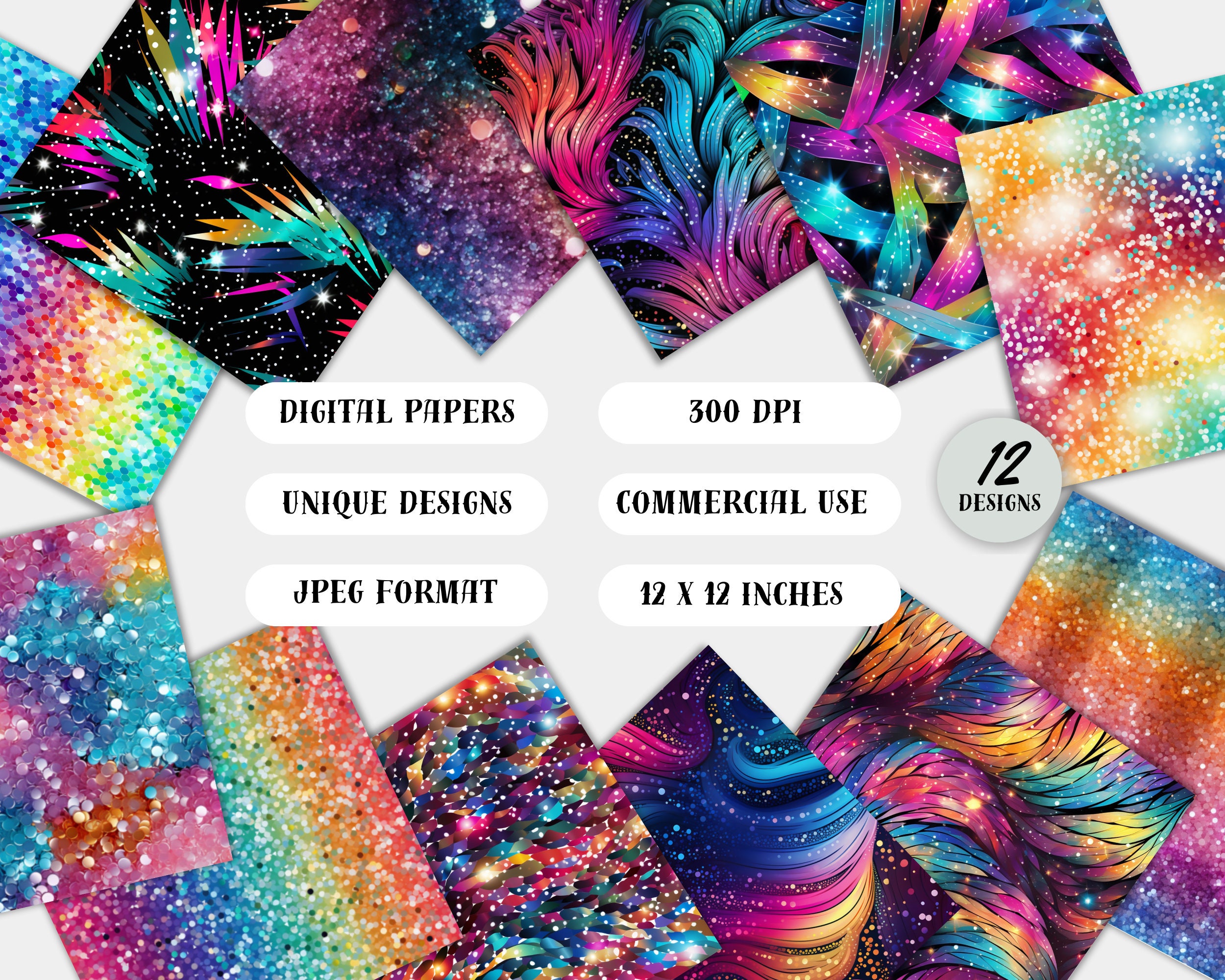 Rainbow Glitter Digital Papers, Printable Glitter, Bright Glitter ...