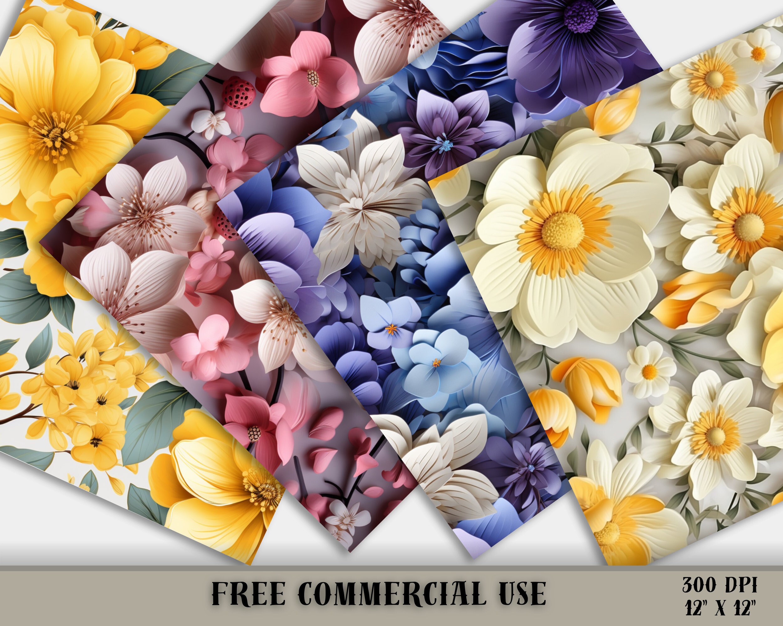 3D Floral Digital Papers, Seamless Patterns, Commercial Use, 12 Designs ...