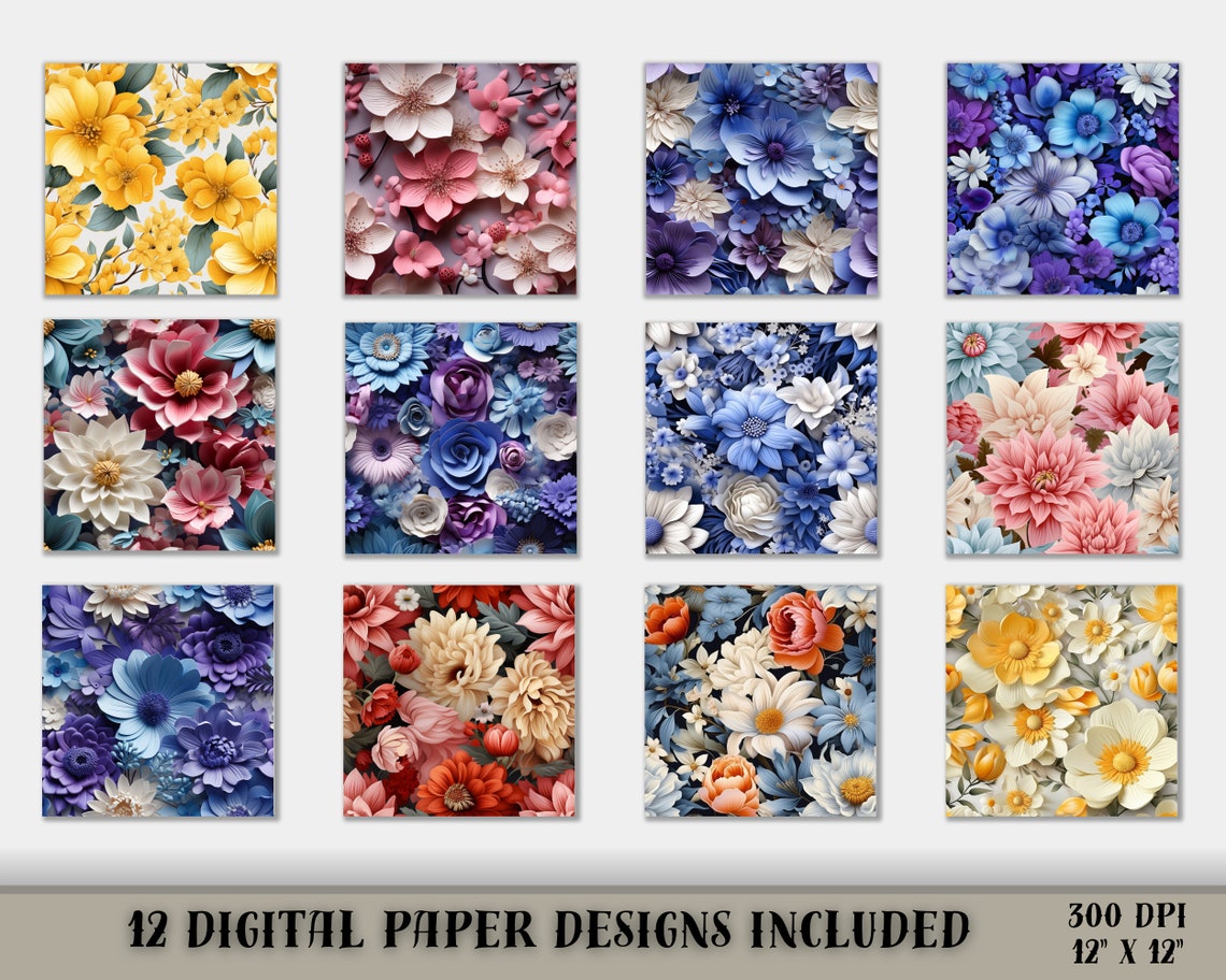 3D Floral Digital Papers, Seamless Patterns, Commercial Use, 12 Designs ...