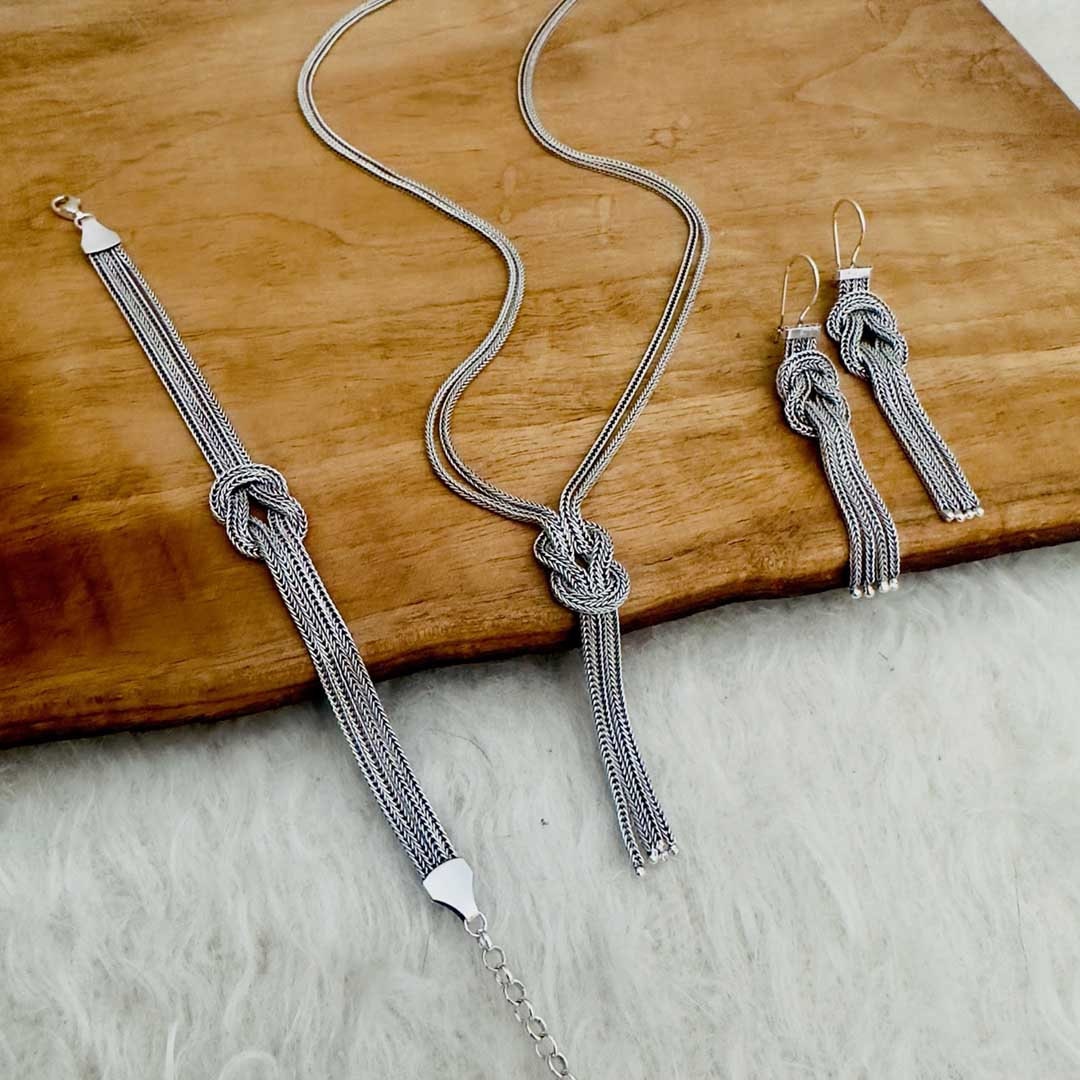 Turkish Jewelry Set With Braided Chains and Knots, 925 Sterling Silver ...