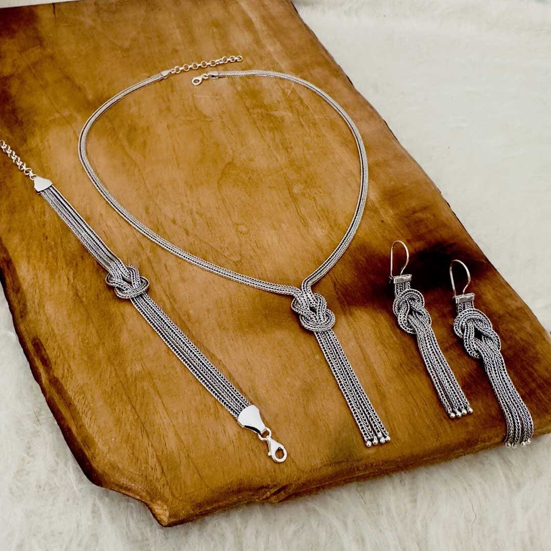 Turkish Jewelry Set With Braided Chains and Knots, 925 Sterling Silver ...