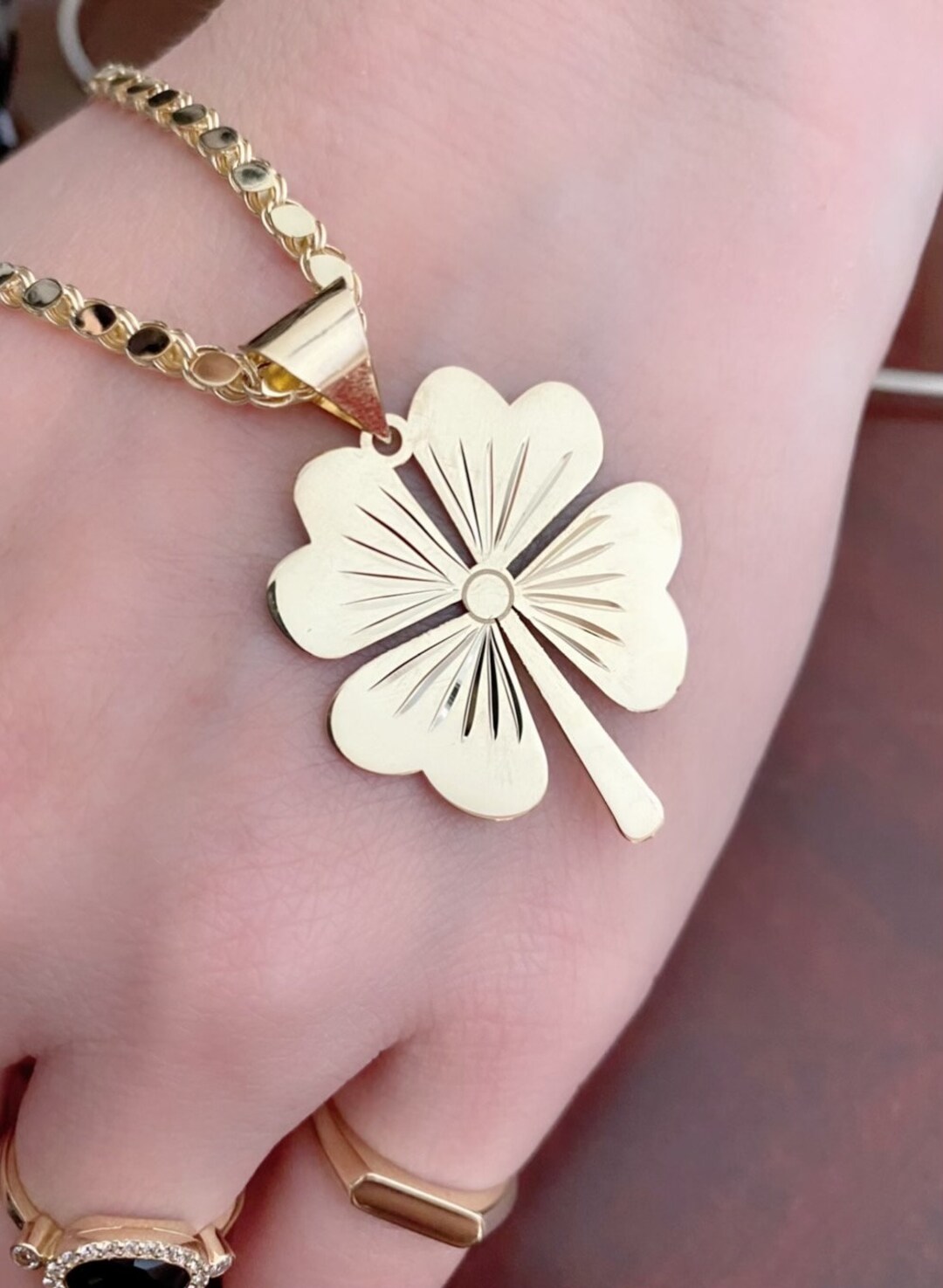 14K Solid Gold Big Clover Pendant Big Clover Charm Clover Pendant Luck ...