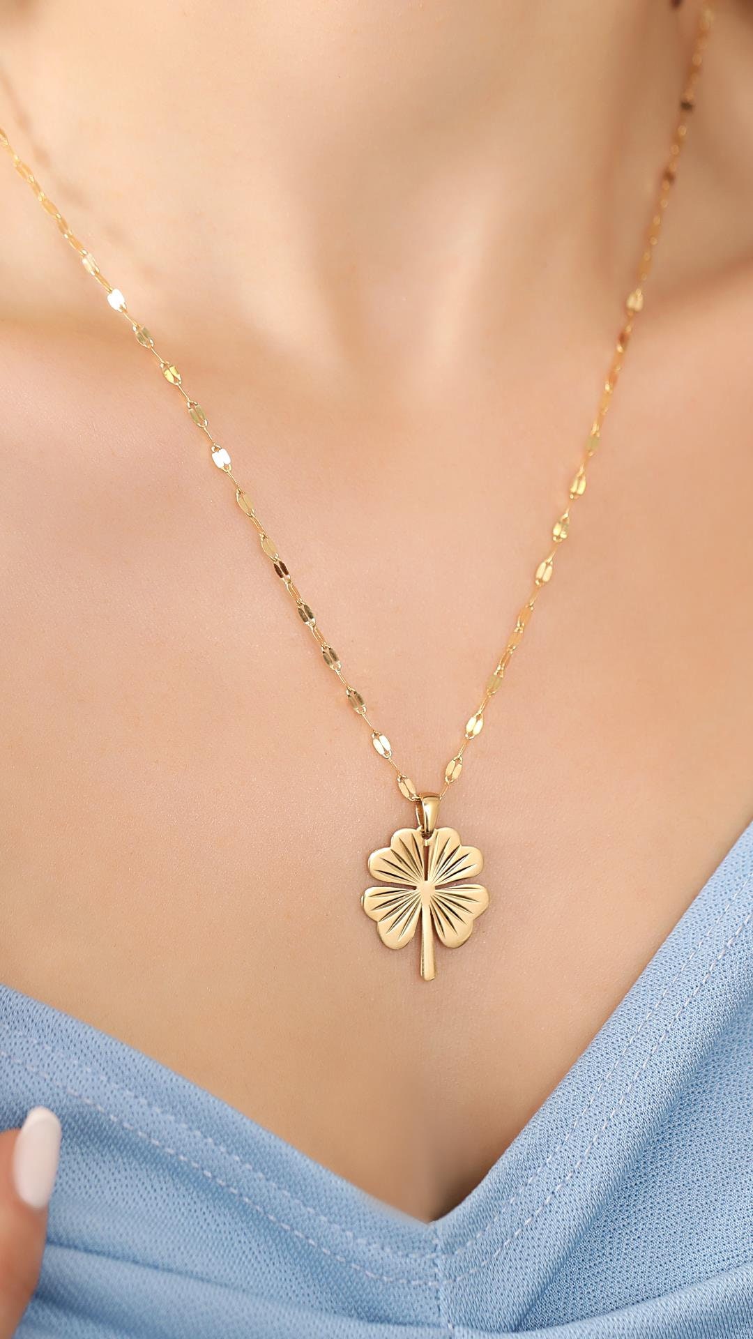 14K Solid Gold Clover Necklace • Four Leaf Clover Pendant • Mirror ...