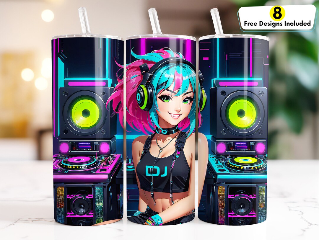 Anime DJ Girl 20oz Skinny Tumbler Wrap Sublimation Design, Straight and ...