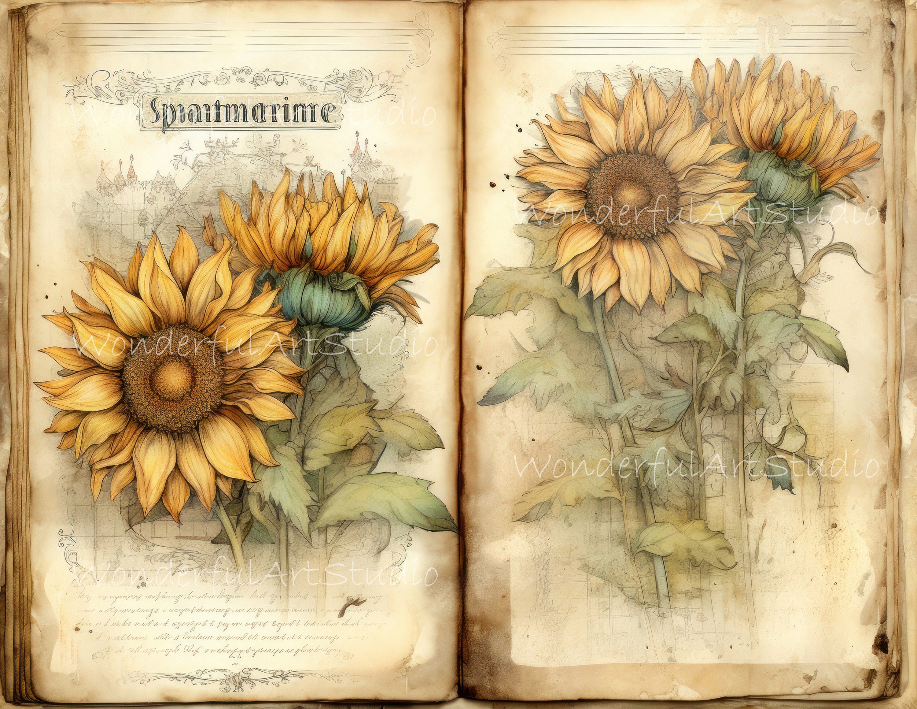 Sunflower Junk Journal Pages, Watercolor Vintage Sunflower Journal ...