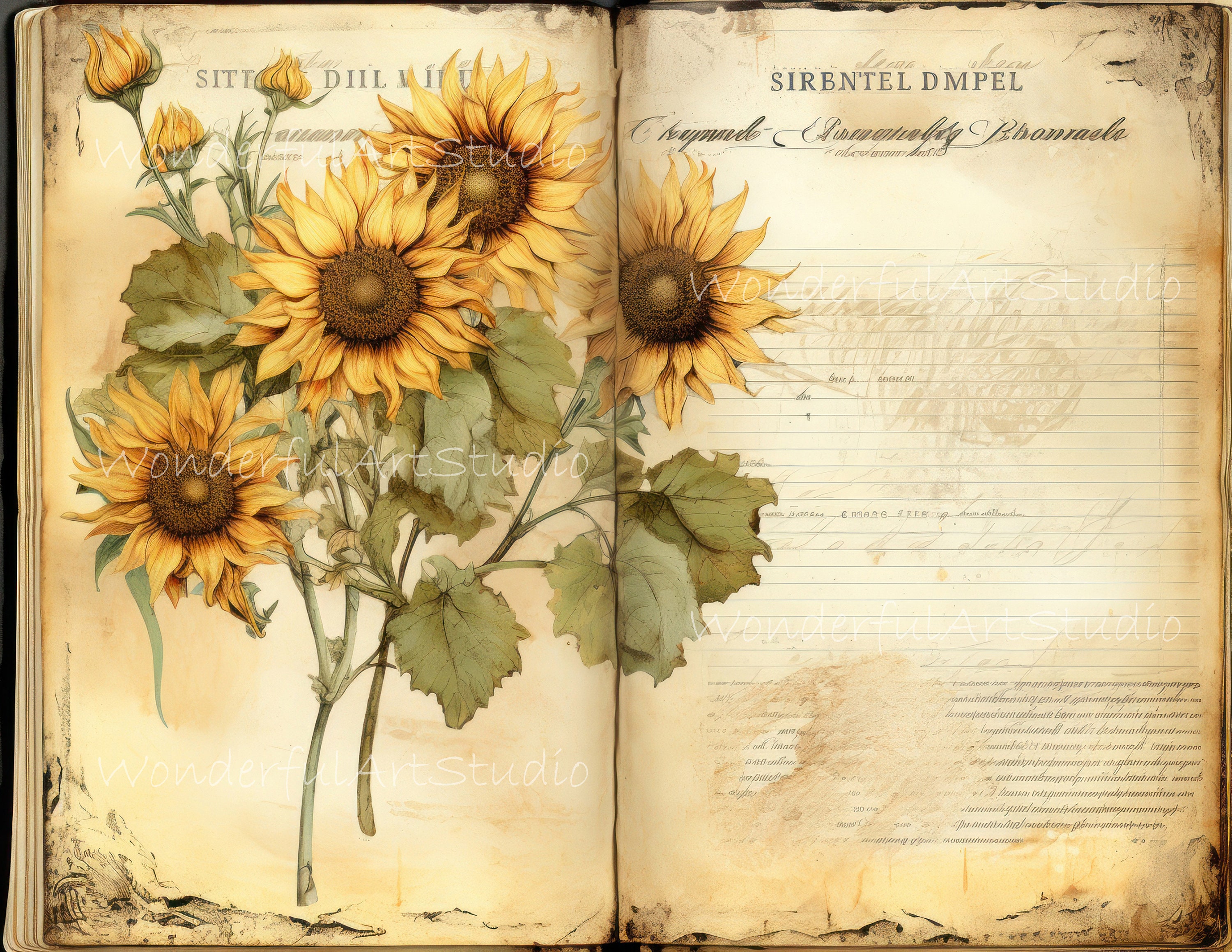 Sunflower Junk Journal Pages, Watercolor Vintage Sunflower Journal ...