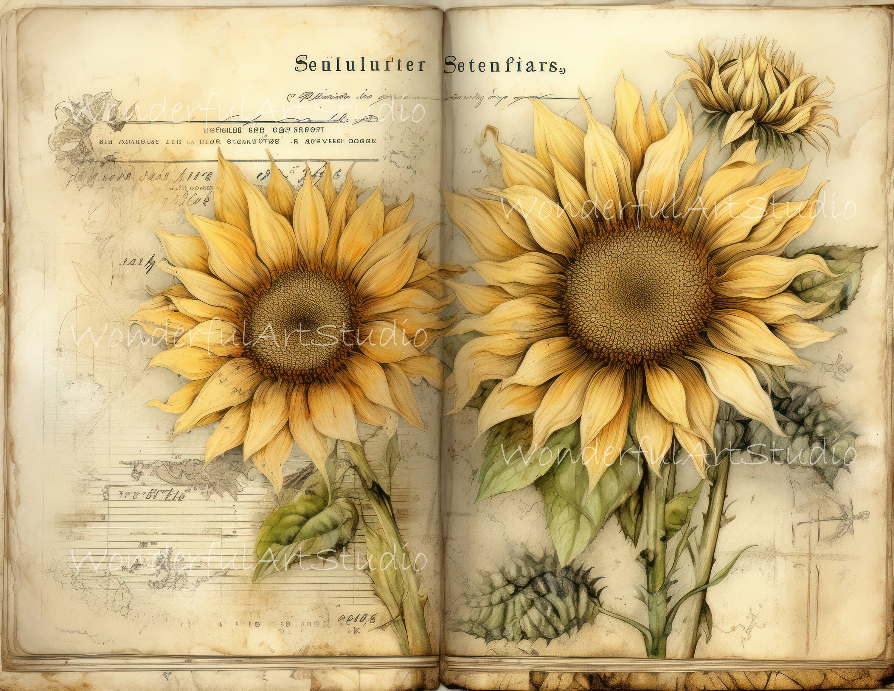 Sunflower Junk Journal Pages, Watercolor Vintage Sunflower Journal ...
