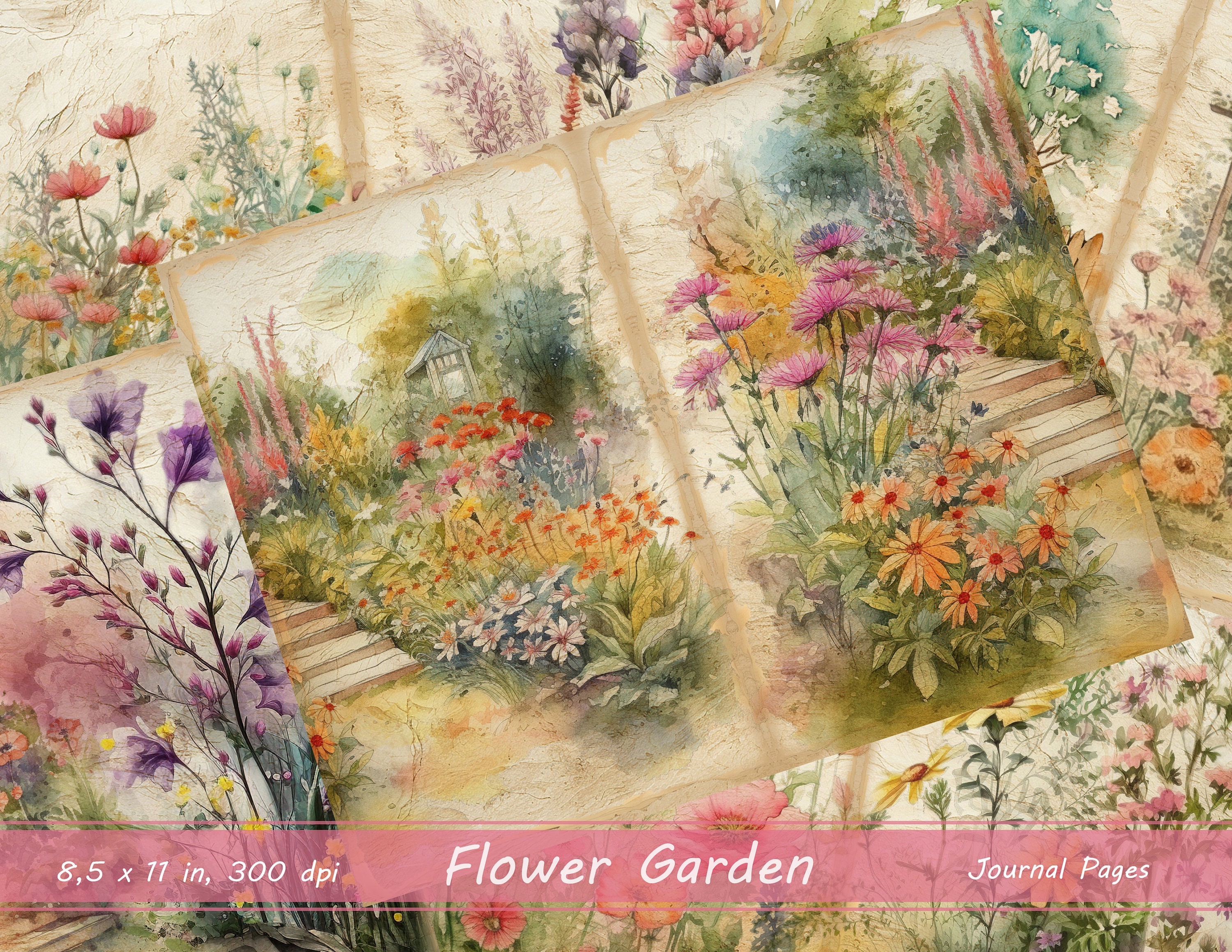 Flower Garden Junk Journal Pages, Digital Scrapbook Paper Kit ...