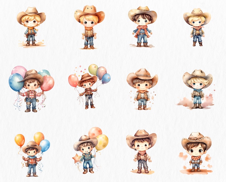 Little Cowboys Watercolor Clipart, Cute Cowboys, Baby Shower Decoration ...