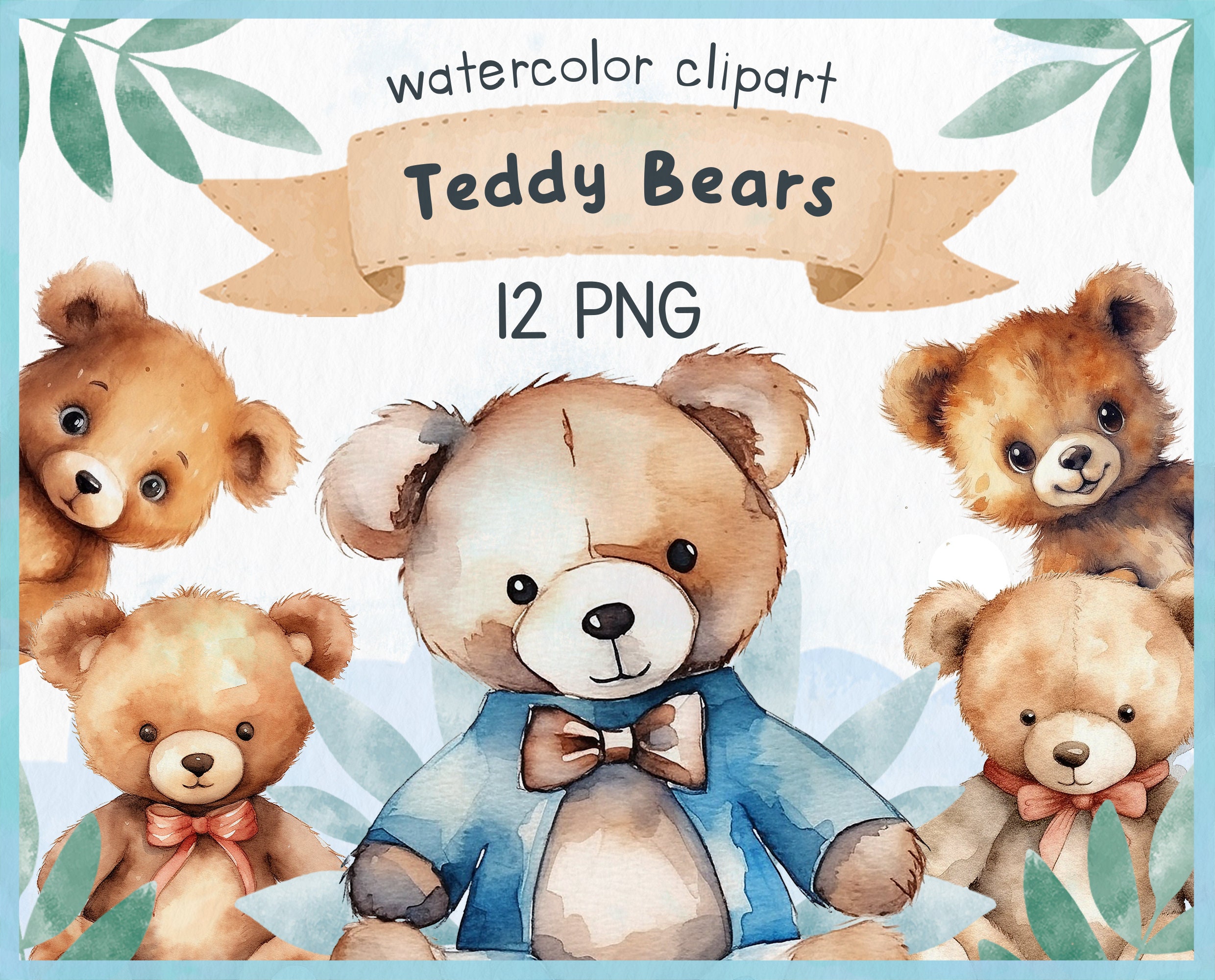 12 Teddy Bears Watercolor Clipart Cute Bear Baby Shower - Etsy