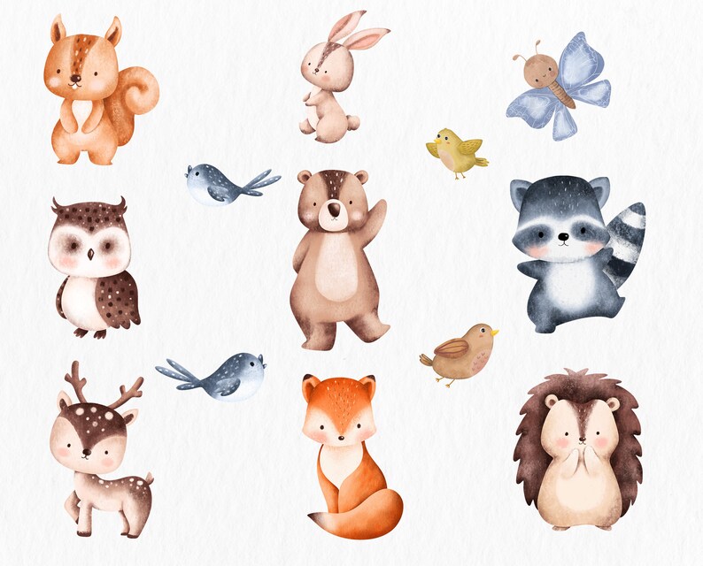Cute Forest Animals Watercolor Clipart, Baby Woodland Animals, Nursery ...