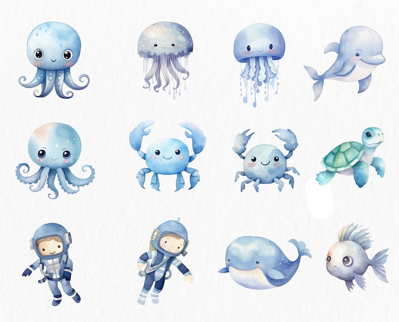 Cute Undersea Watercolor Clipart, Baby Sea Animals, Baby Wall Art ...