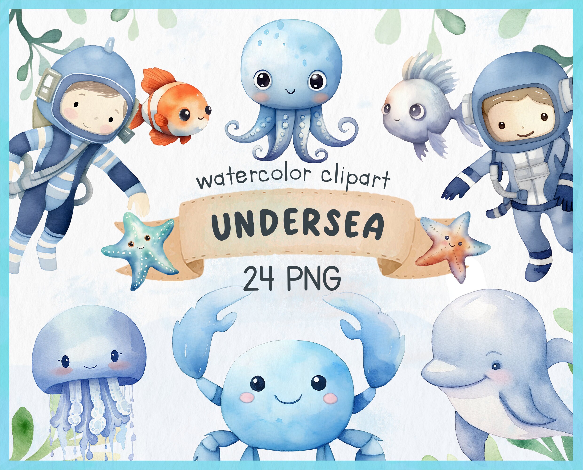 Cute Undersea Watercolor Clipart, Baby Sea Animals, Baby Wall Art ...