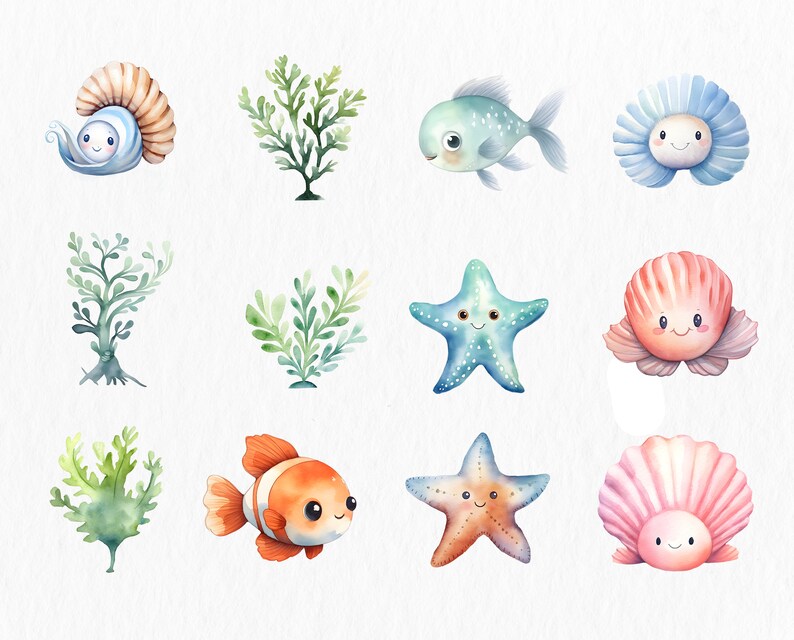 Cute Undersea Watercolor Clipart, Baby Sea Animals, Baby Wall Art ...