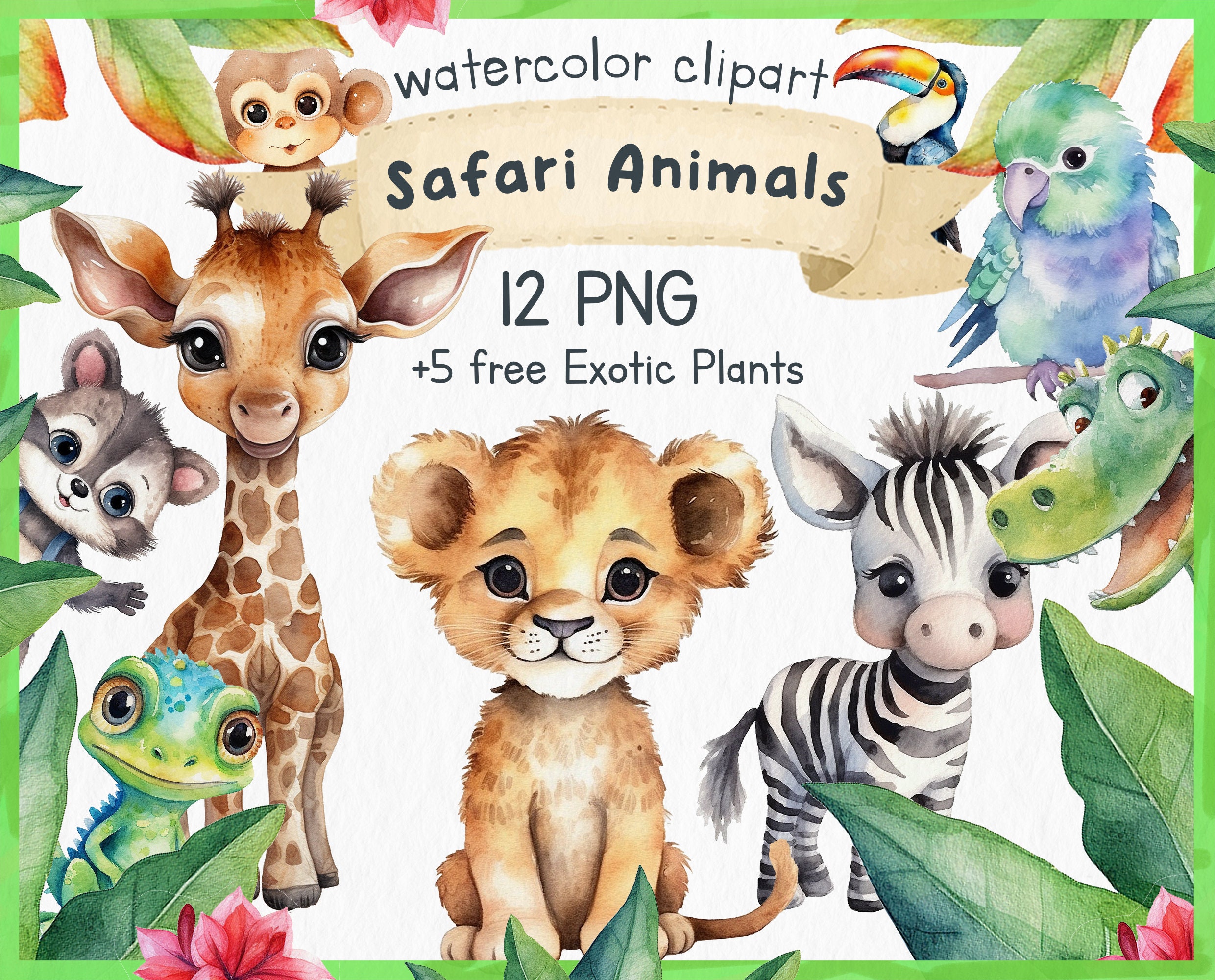12 Safari Baby Animals Clipart, Baby Jungle Animals, Nursery Decor ...