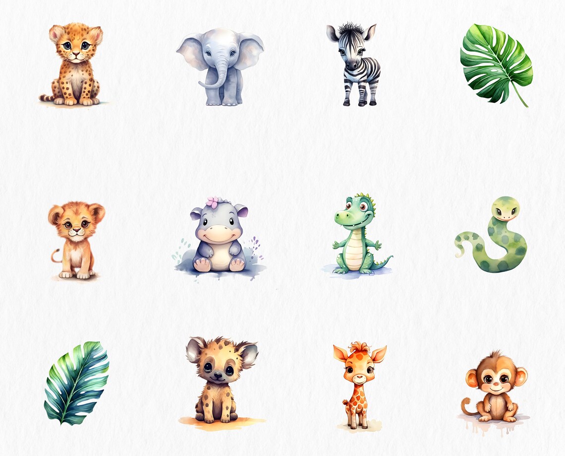 Cute Safari Animals Clipart, Baby Jungle Animals, Nursery Decor, Baby ...