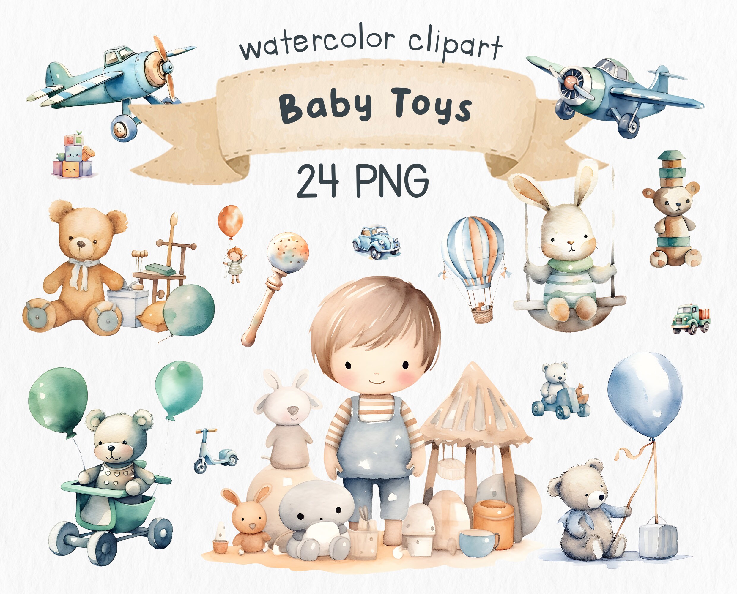 Baby Toys Watercolor Clipart, Wooden Toy, Boho Toy, Baby Shower ...