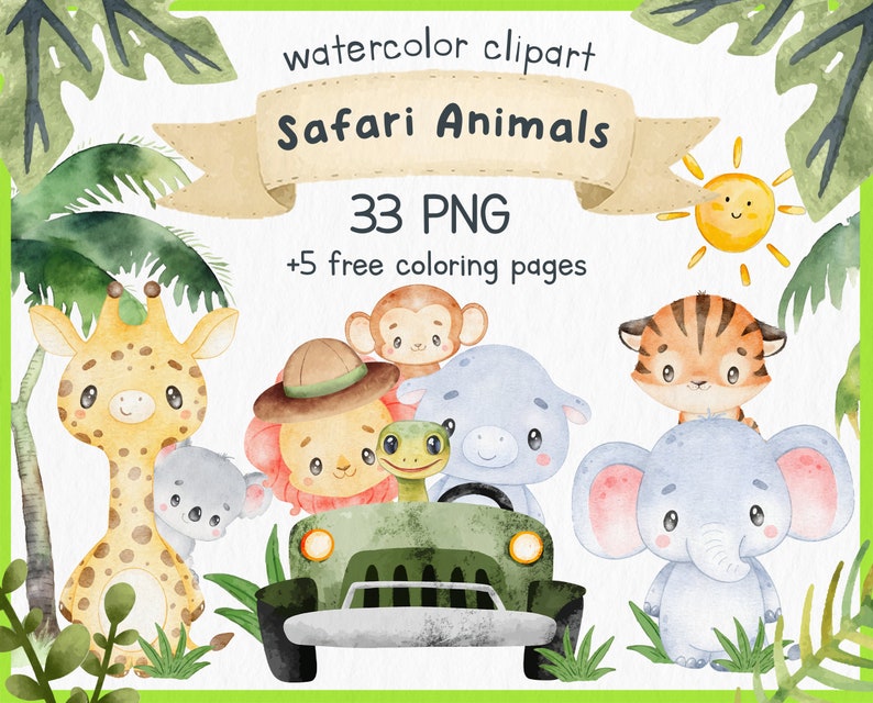 Baby Safari Animals Watercolor Clipart, Jungle Animals Clipart, Nusery ...