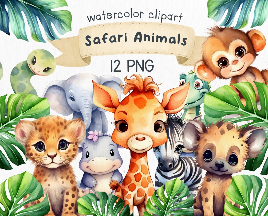 Cute Safari Animals Clipart, Baby Jungle Animals, Nursery Decor, Baby ...