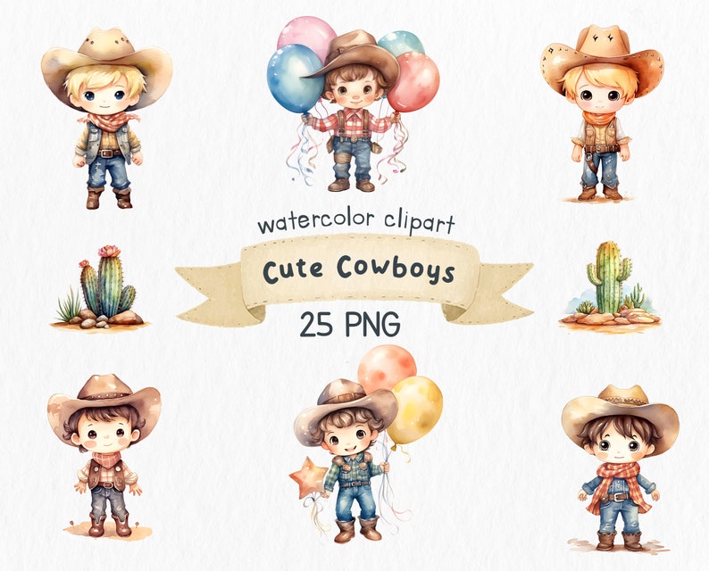 Little Cowboys Watercolor Clipart, Cute Cowboys, Baby Shower Decoration ...
