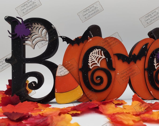 Hand Painted Boo Spooky Pumpkins Halloween Shelf Sitter, 12.5x5.5, Fall ...