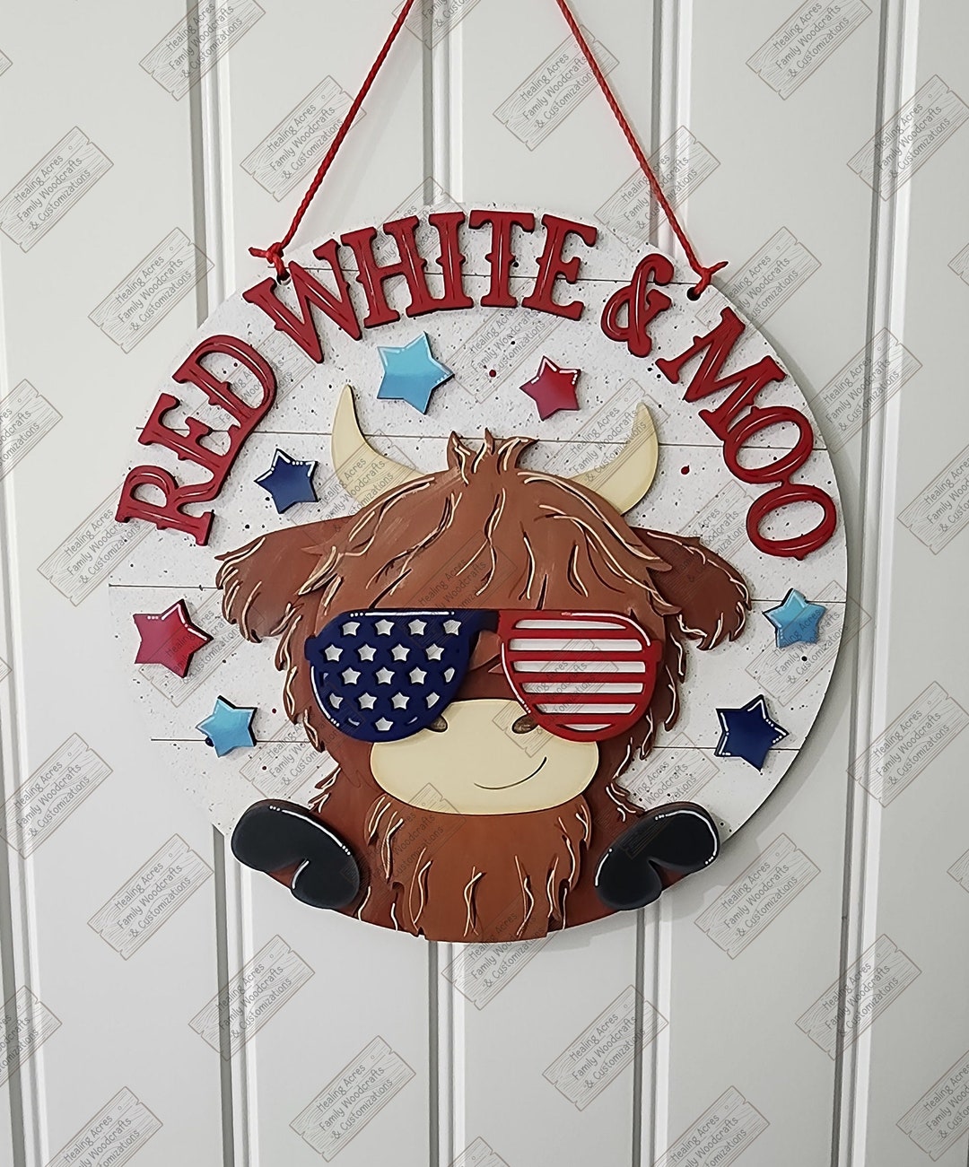 RED WHITE & MOO Door Sign, Cow Patriotic Sign, Highland Cow Sign ...