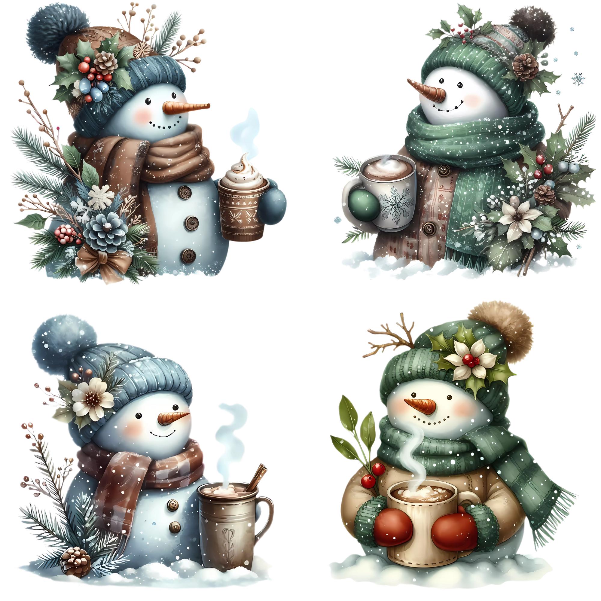 16 Cute Winter Snowman Clipart PNG Bundle, Festive Snowmen Graphics ...