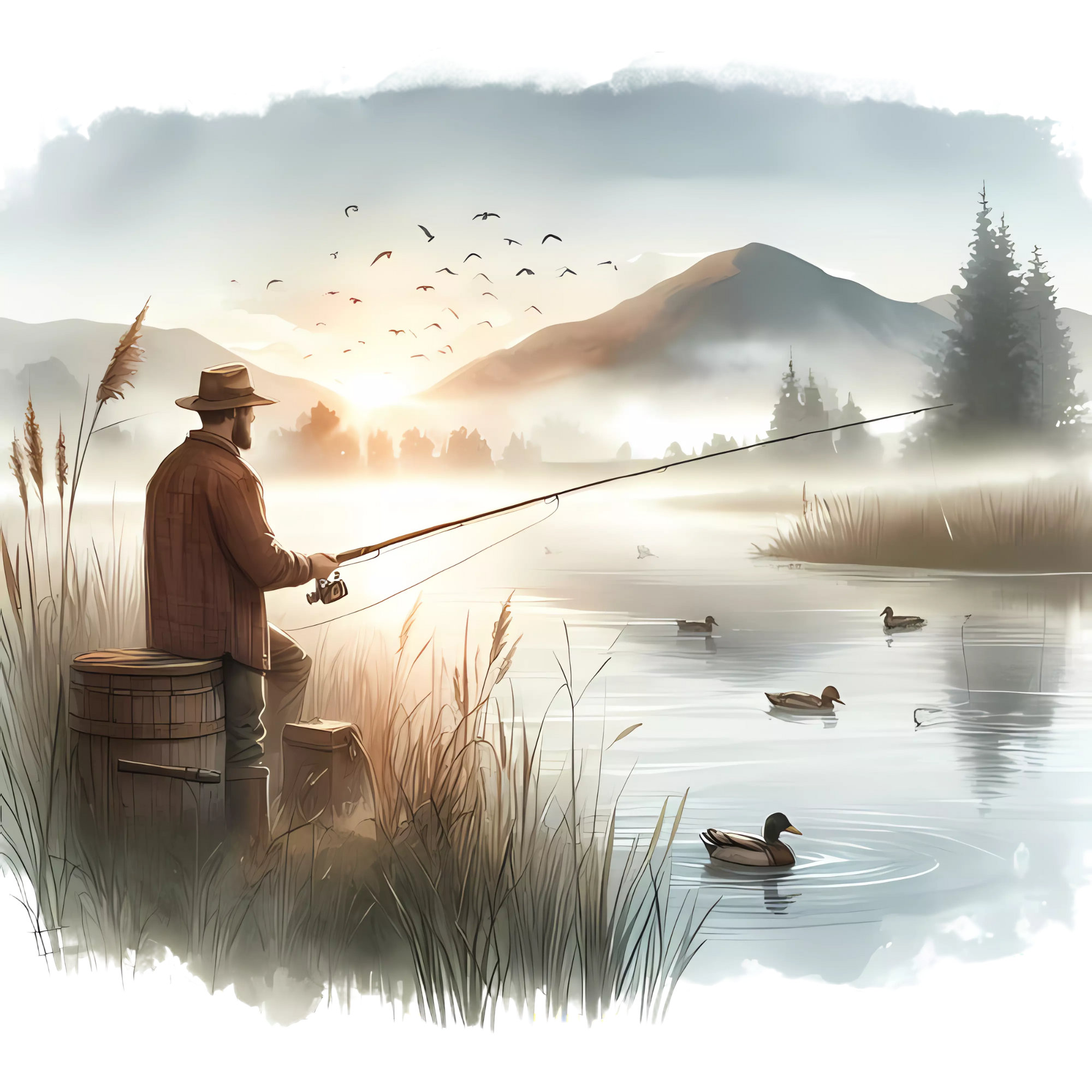 13 Man Fishing Watercolor Clipart Bundle, Boat Fishing Landscape, High ...