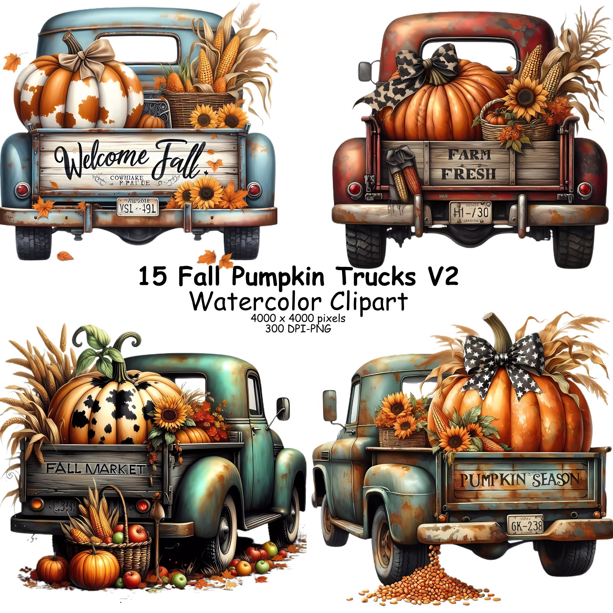 15 Watercolor Coquette Pumpkin Trucks Png Clipart Bundle, Fall Pumpkin ...