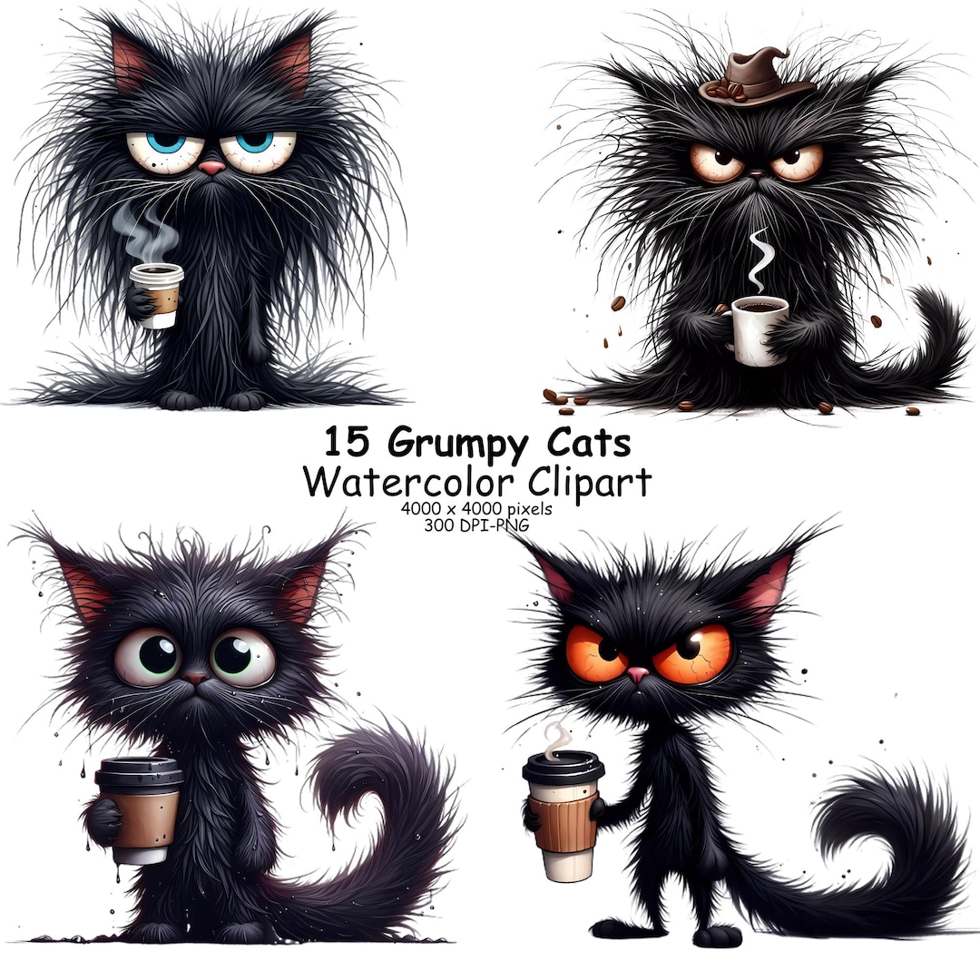 15 Watercolor Frazzled Cat PNG Clip Art Bundle, High Res for Junk ...