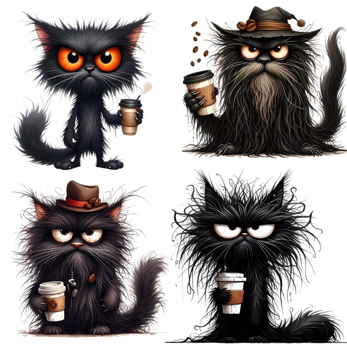 15 Watercolor Frazzled Cat PNG Clip Art Bundle, High Res for Junk ...