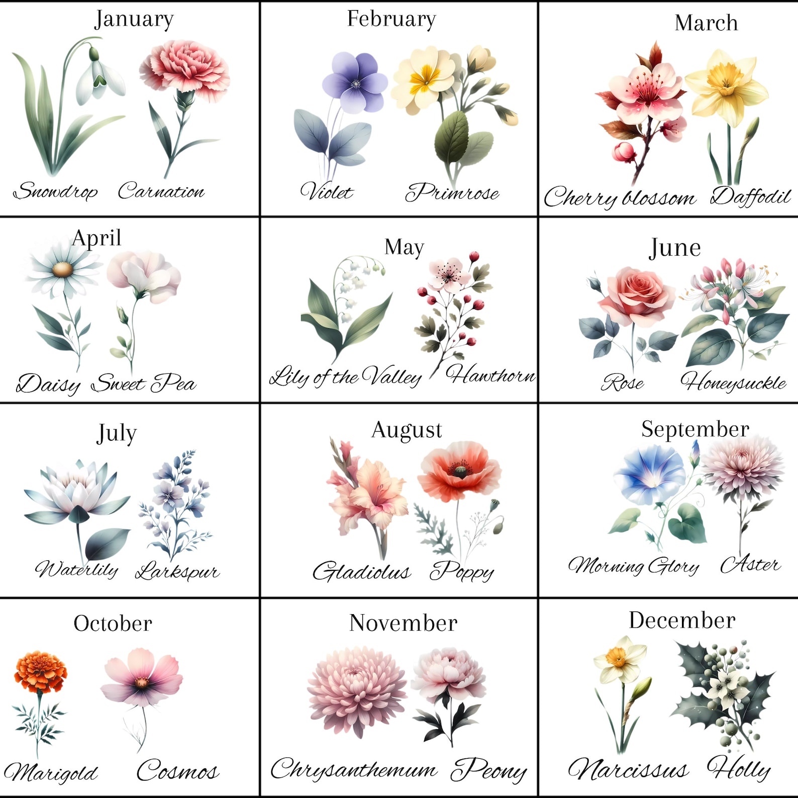 24 Birth Month Flowers Watercolor Clipart Bundle, Mother's Day Gift ...