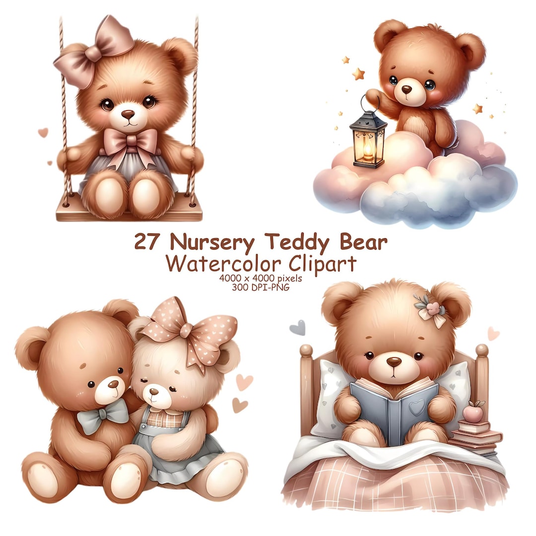 27 Teddy Bear Watercolor PNG Clipart Bundle, Neutral Baby Shower ...