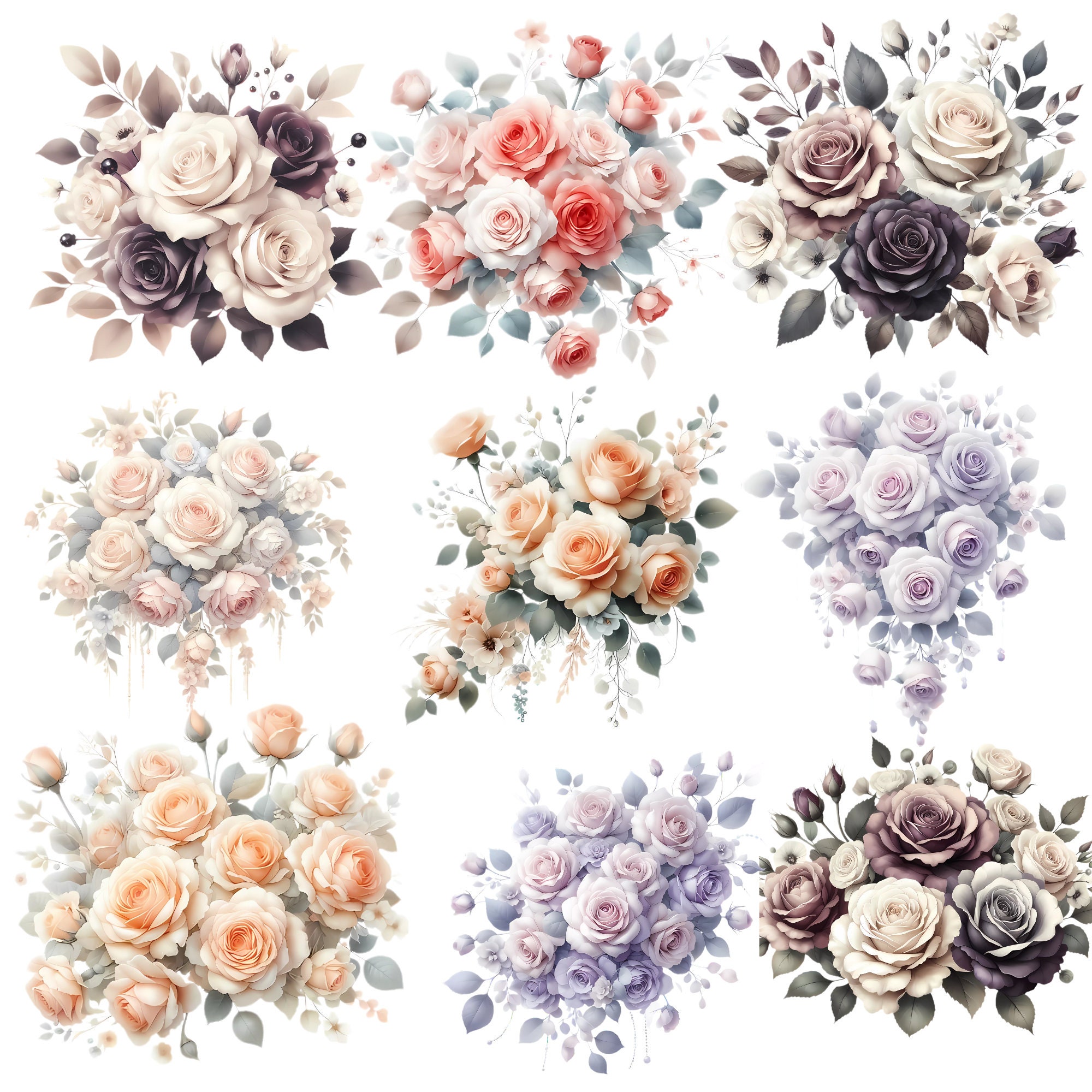 14 Pastel Wedding Roses Clipart Bundle, Watercolor Floral Clipart ...