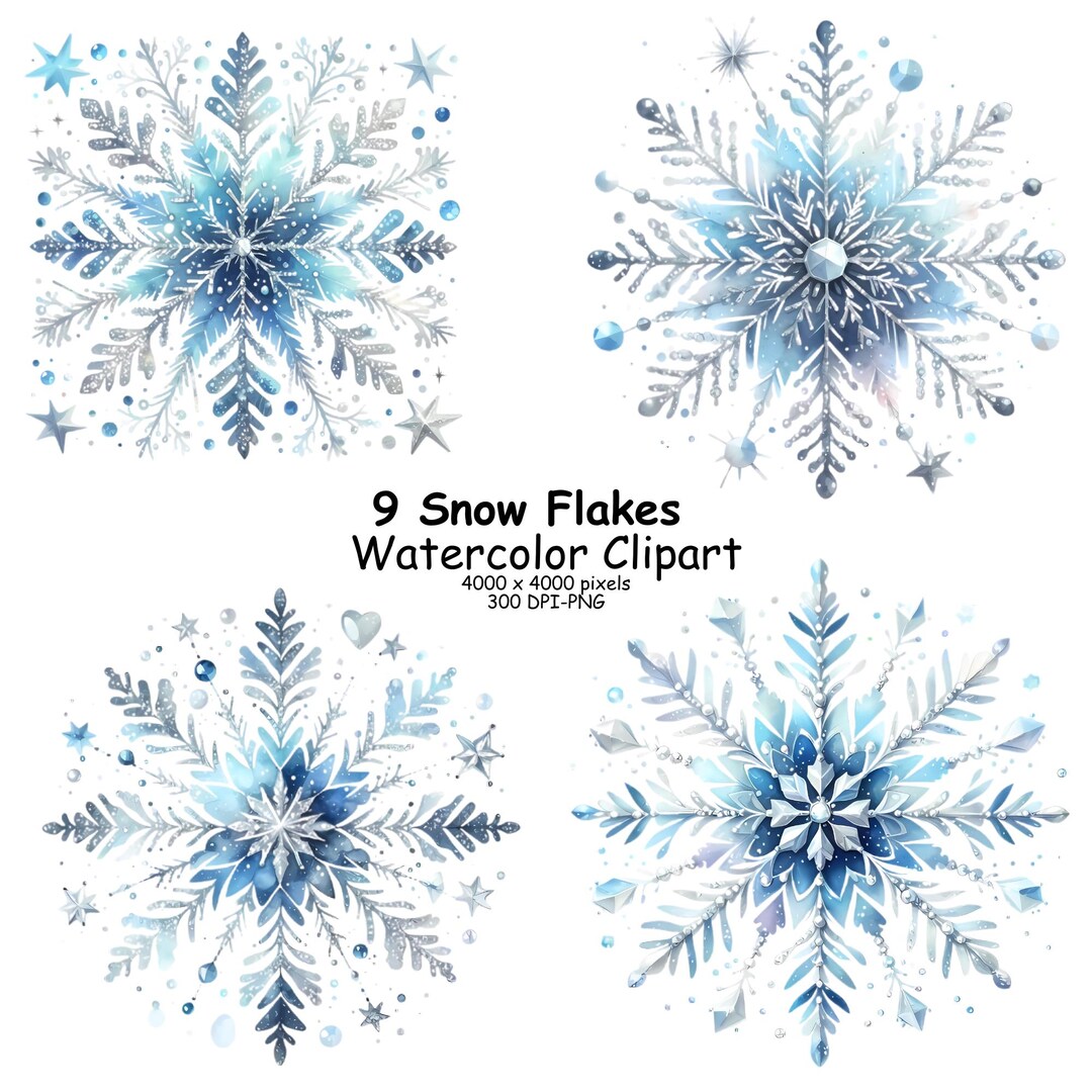9 Watercolor Silver Blue Glitter Snowflake Png Clipart Bundle ...