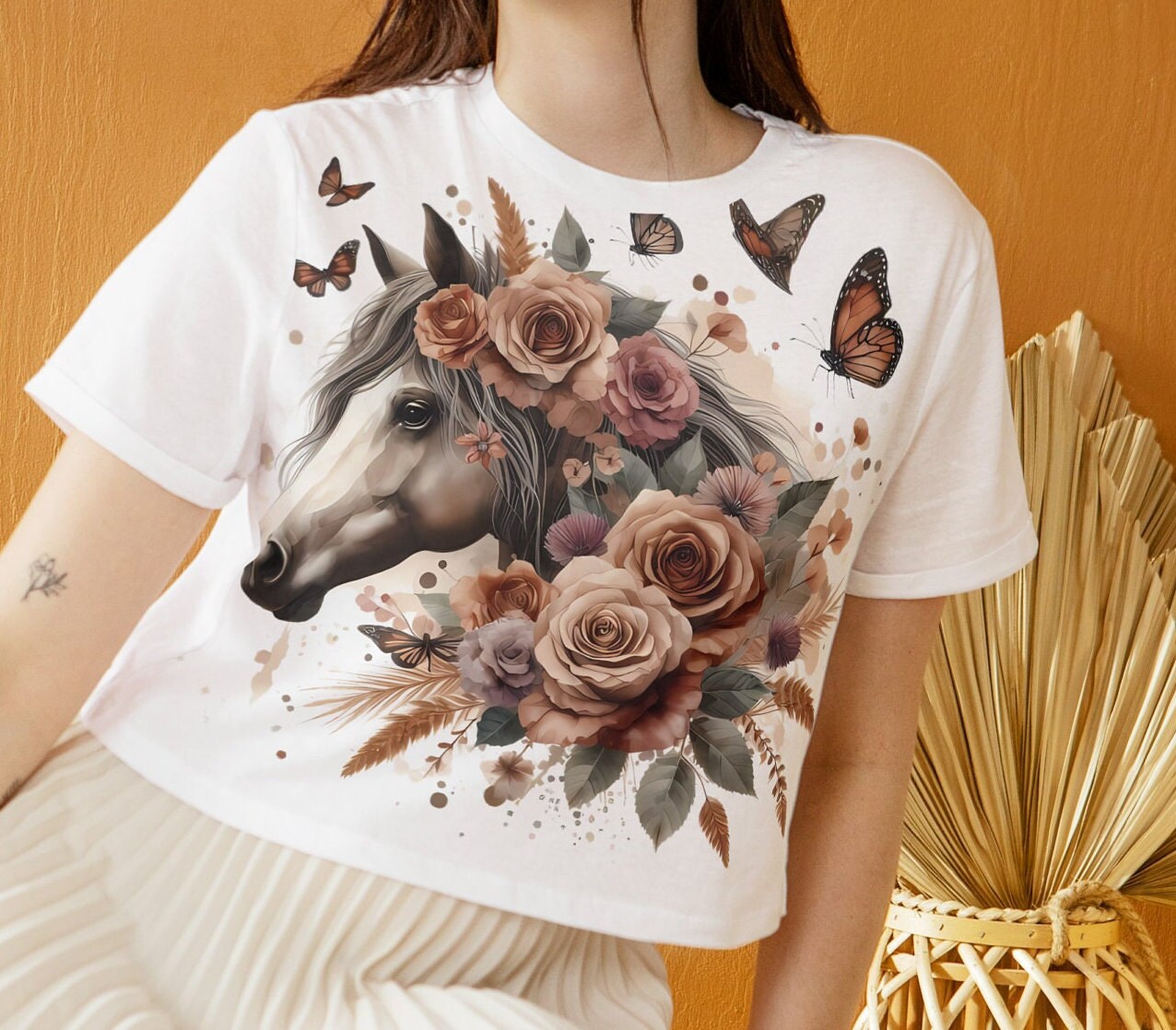 17 Watercolor Boho Horse Clipart PNG Bundle, Brown Horse, Butterfly ...