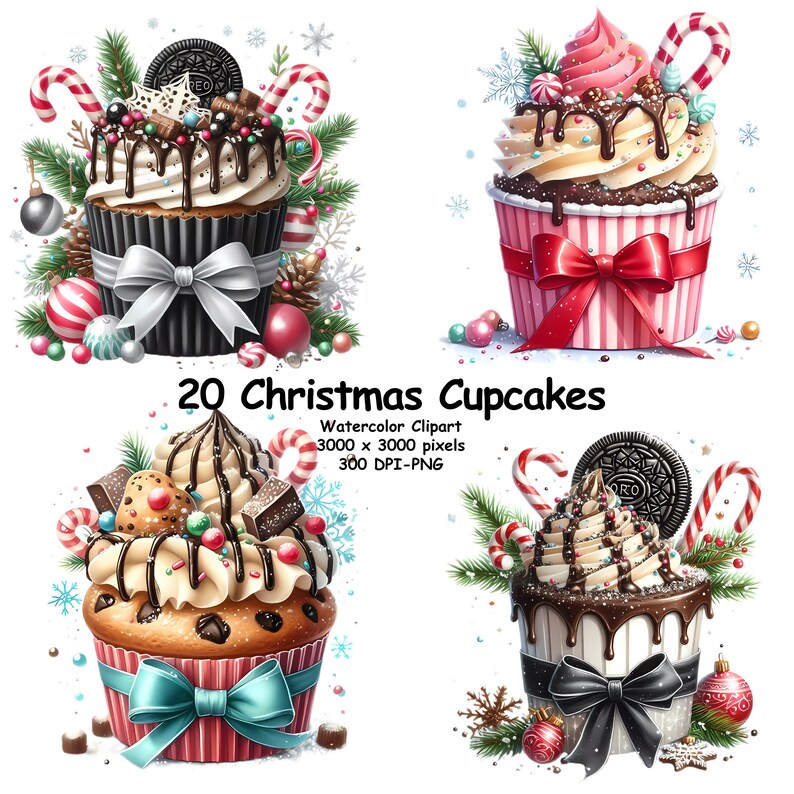 20 Watercolor Christmas Cupcakes Clipart Bundle. Holiday Festive Cakes ...