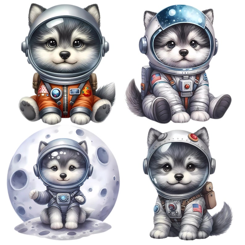 Watercolor Space Wolves Clipart Bundle, Puppy Astronaut PNG (digital ...