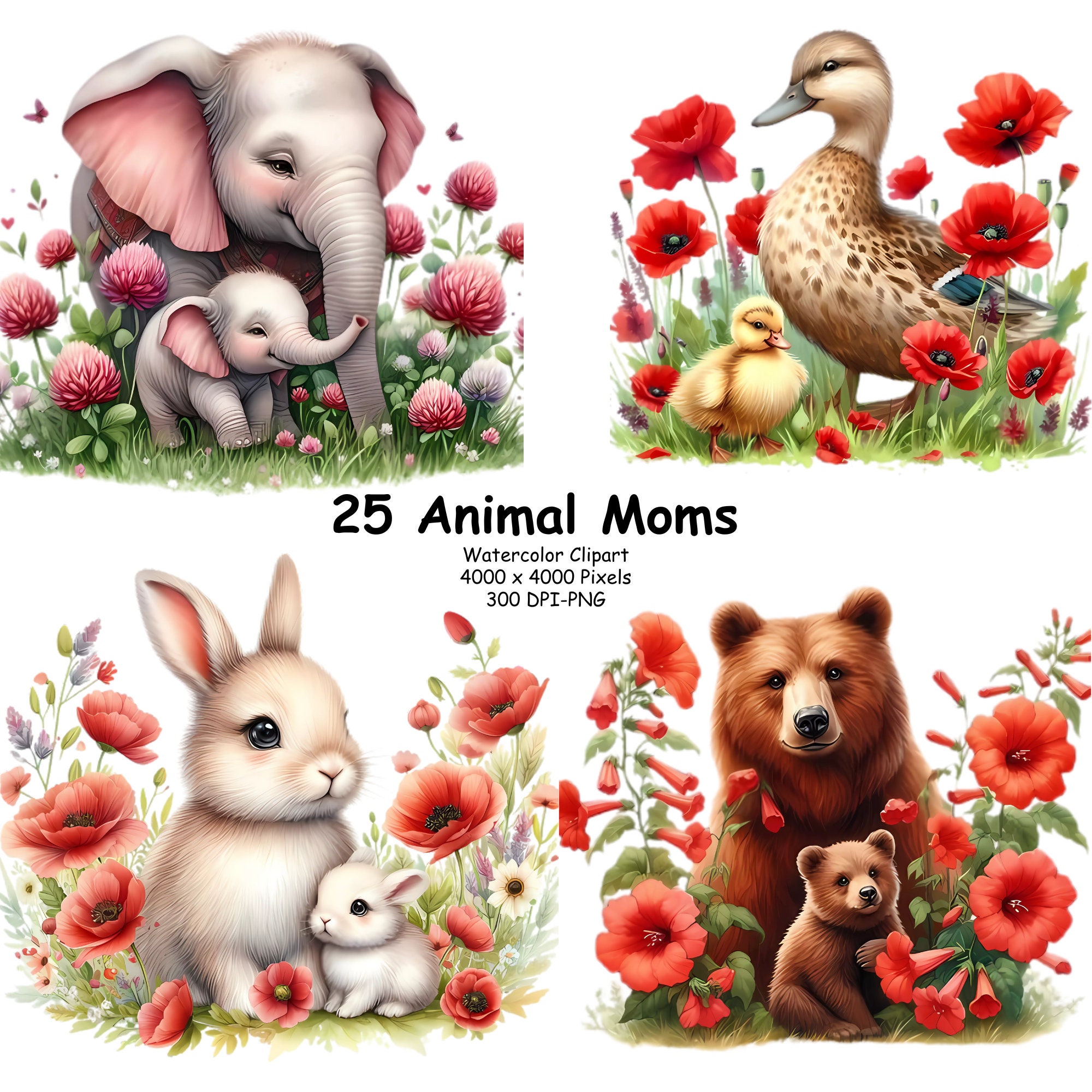 25 Watercolor Animal Mom Clipart Bundle. High Quality Pngs, Digital ...