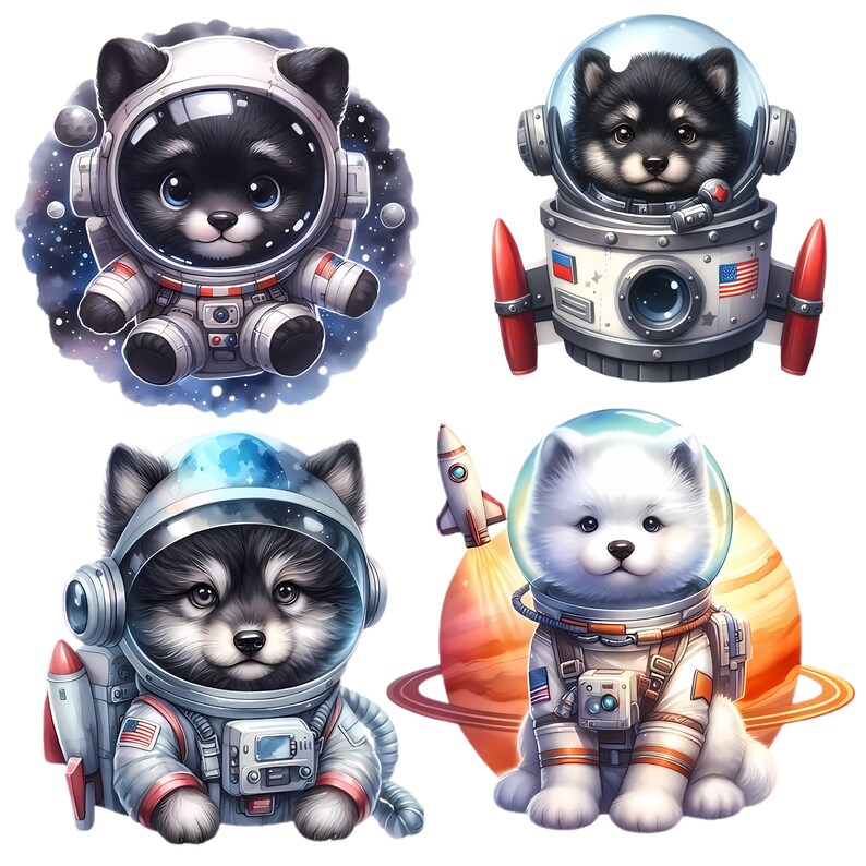Watercolor Space Wolves Clipart Bundle, Puppy Astronaut PNG (digital ...
