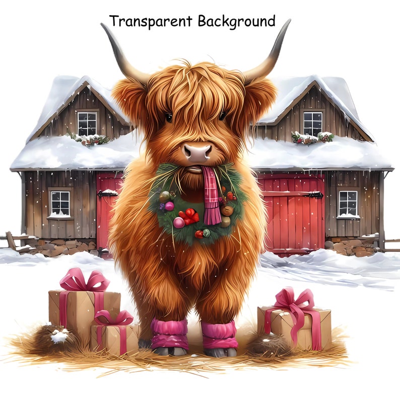 7 Watercolor Pink Christmas Highland Cow Clipart (PNG) - Etsy