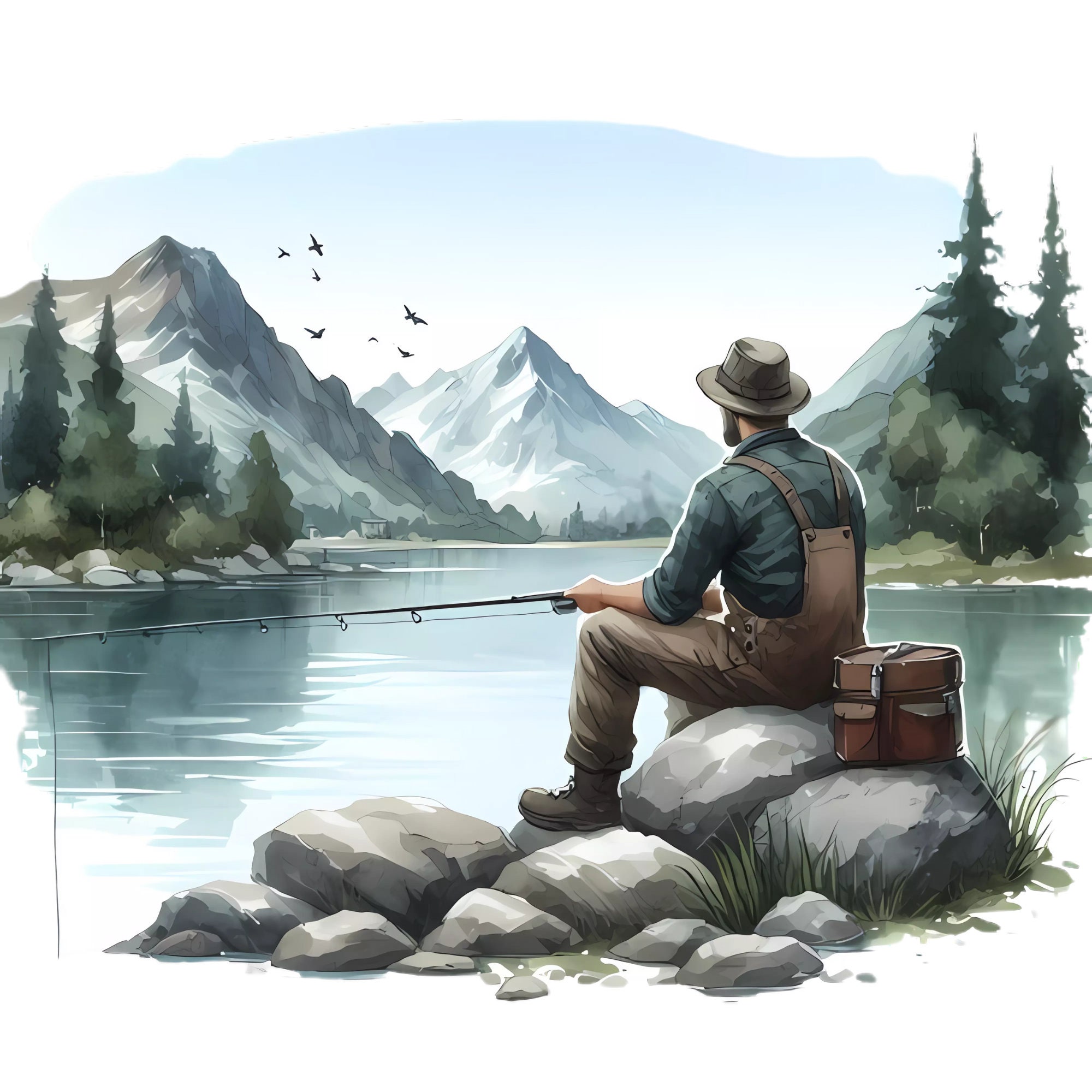13 Man Fishing Watercolor Clipart Bundle, Boat Fishing Landscape, High ...