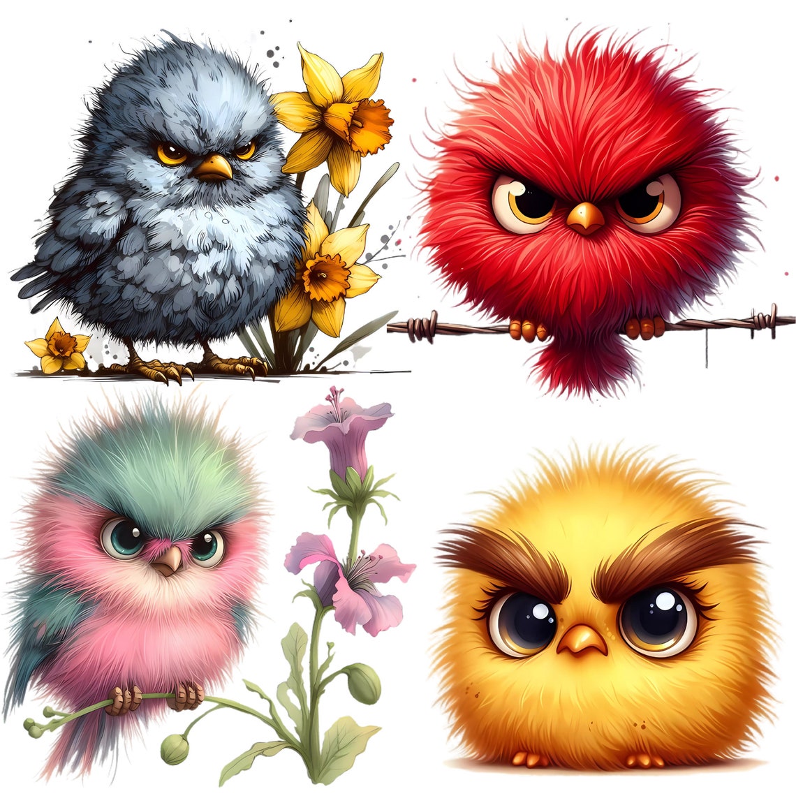 15 Grumpy Birds Watercolor Clipart, Cute Fluffy Birds, Digital Clipart ...