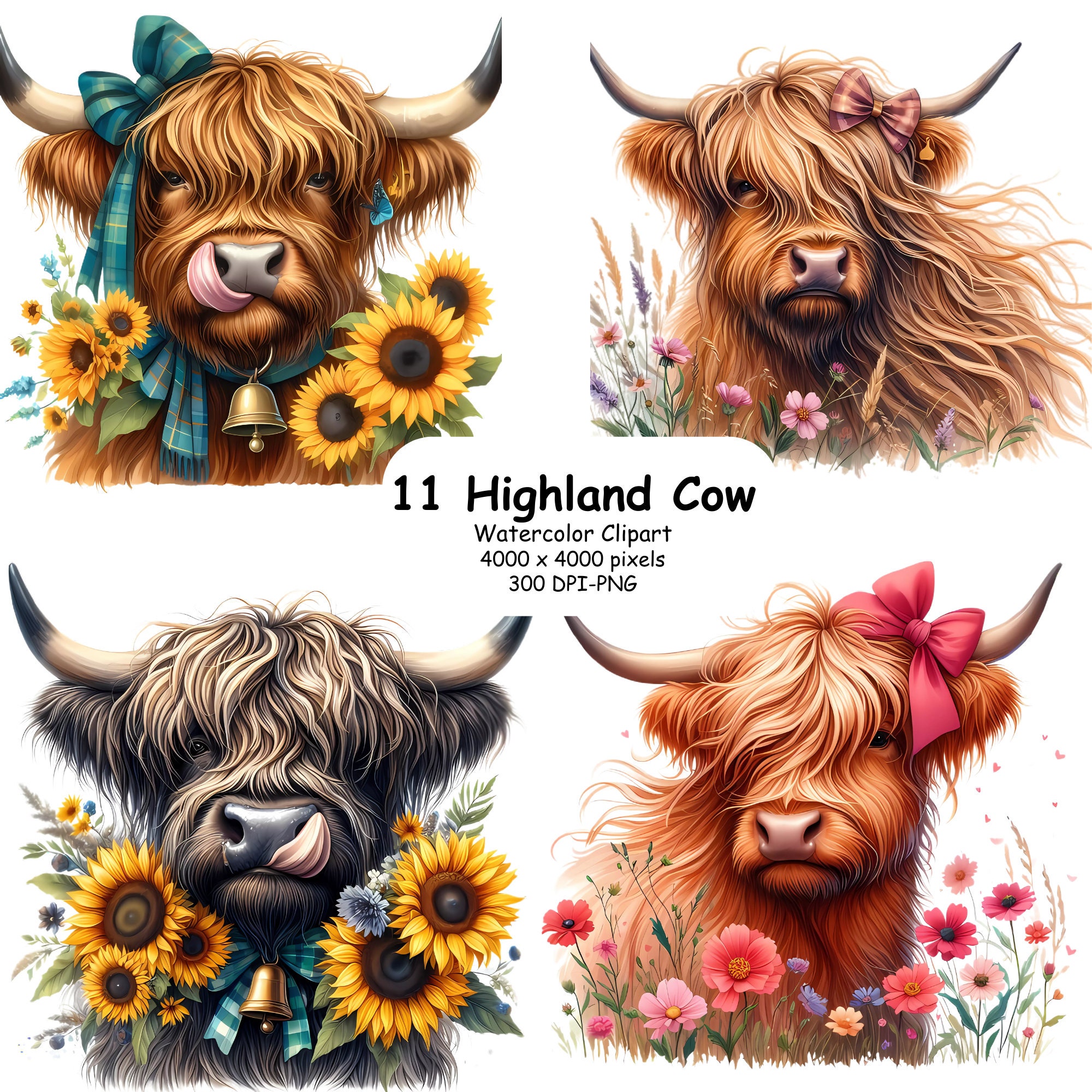 Watercolor Highland Cow Clipart, Poppy Flowers Bundle (digital Download ...